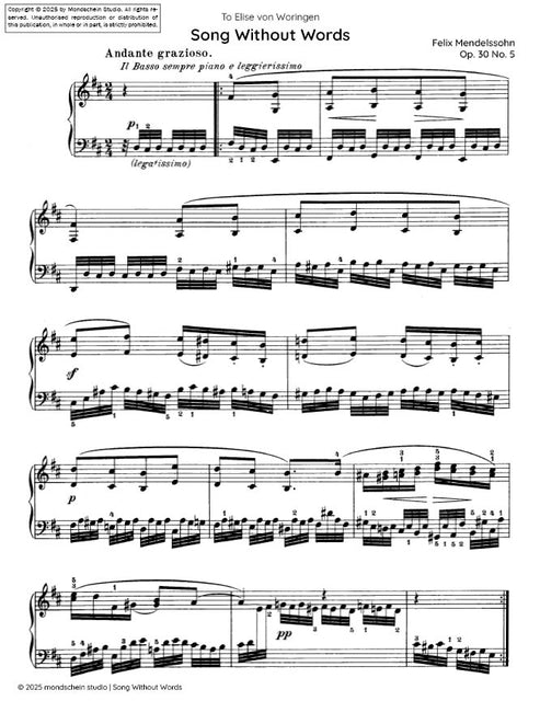Mendelssohn - Song Without Words (Lieder ohne Worte), Op. 30 No. 5 (PD ...
